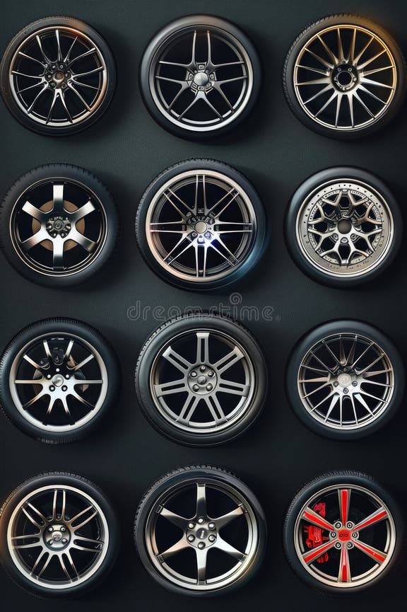 Various Types of Wheels Displayed on a Wall, Suitable for Industrial or ...