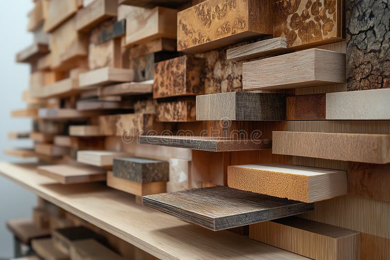 Various Types of Wood Samples Displayed on a Modern Shelf for Design ...