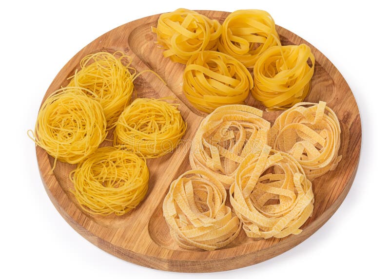 Various Uncooked Pasta Coiled into Nests on Wooden Compartment Dish ...