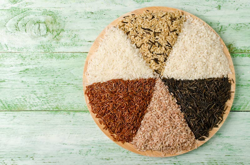 Various Varieties of Rice on a Wooden Table Stock Image - Image of heap ...