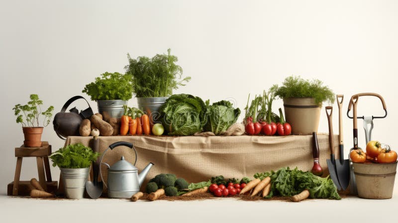 Various Vegetables and Herbs Growing in Soil with Gardening Tools ...