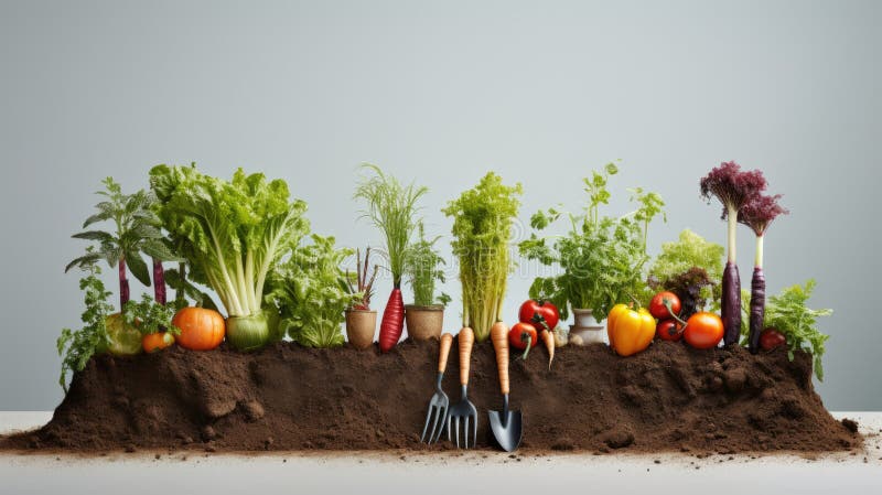 Various Vegetables and Herbs Growing in Soil with Gardening Tools ...
