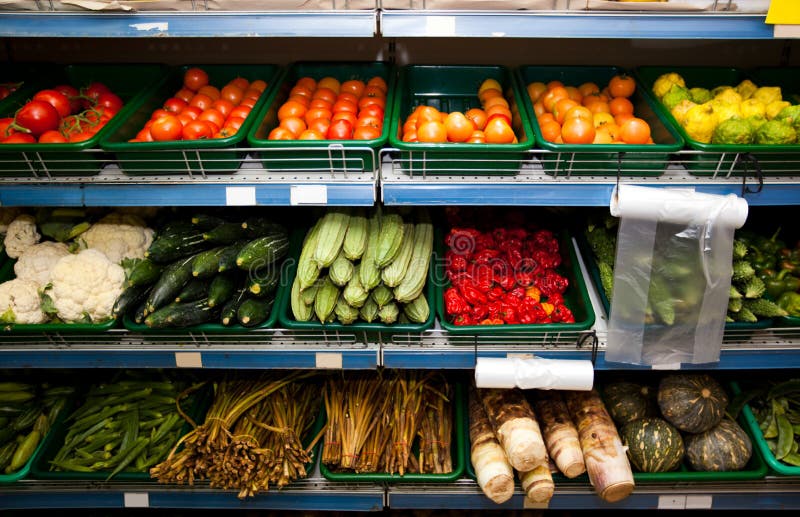 Various Vegetables on Shelves in Grocery Store Stock Image - Image of ...