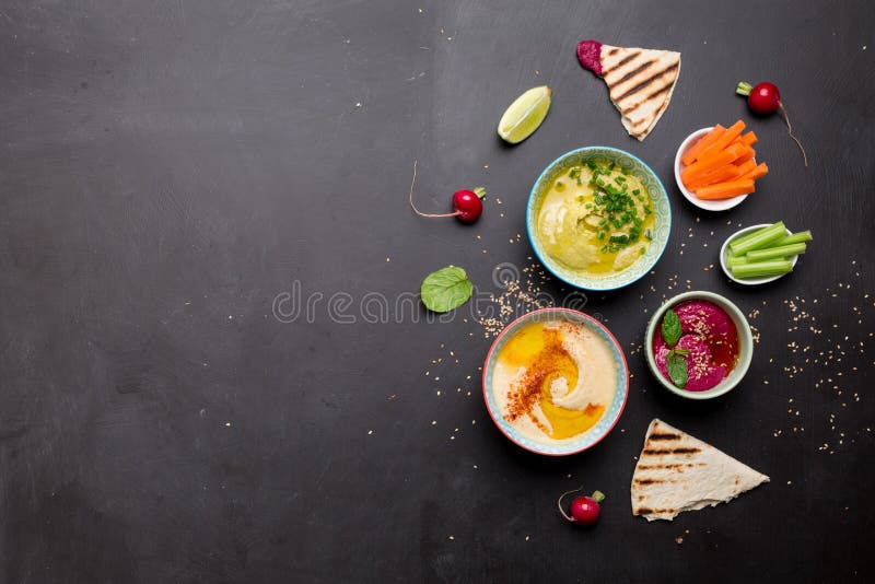 Various Vegetarian Colorful Dips with Pita Bread Stock Image - Image of ...