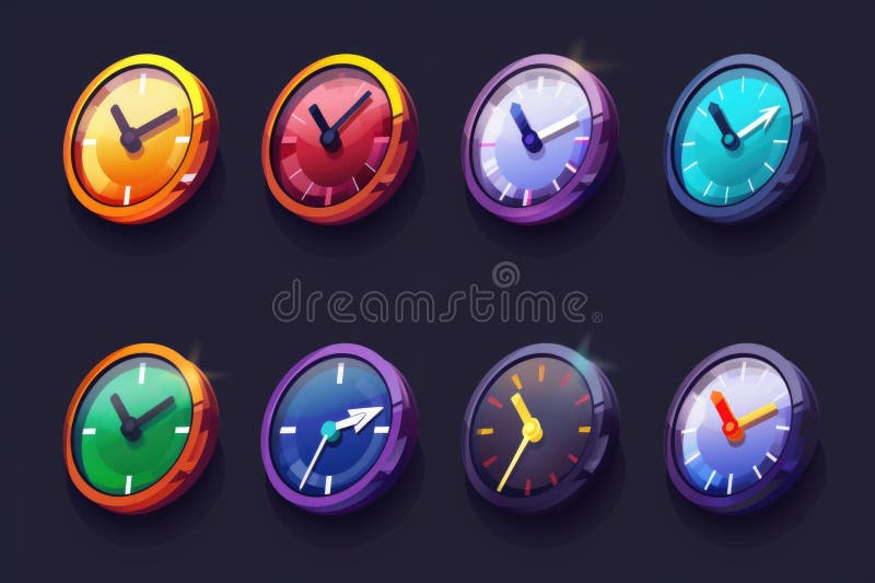 Various Vibrant Clocks on a Dark Backdrop. Suitable for Time Management ...