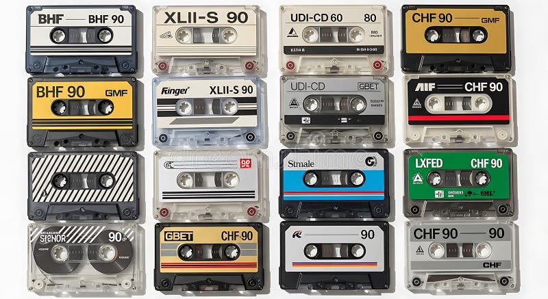 Various Vintage Audio Cassette Tapes Arranged in a Grid Pattern Stock ...