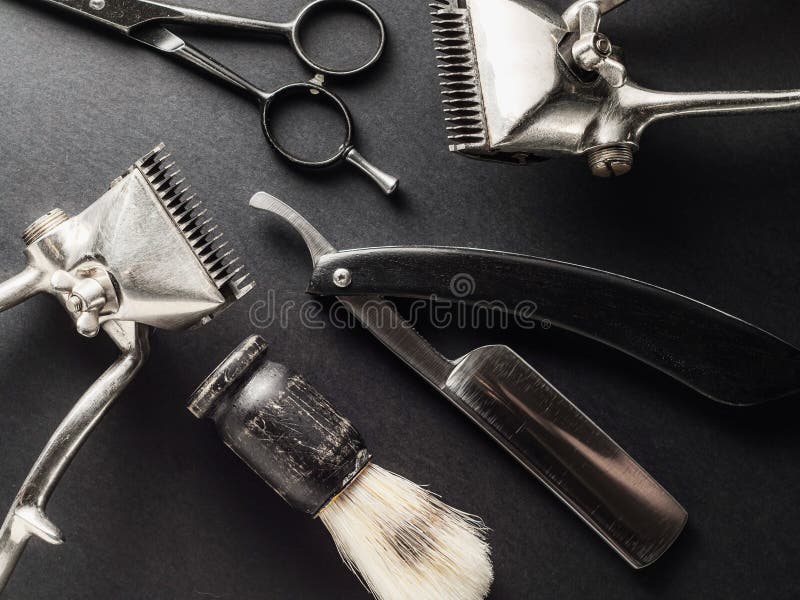 Various Vintage Barber Tools Including Clippers, Scissors, a Straight ...