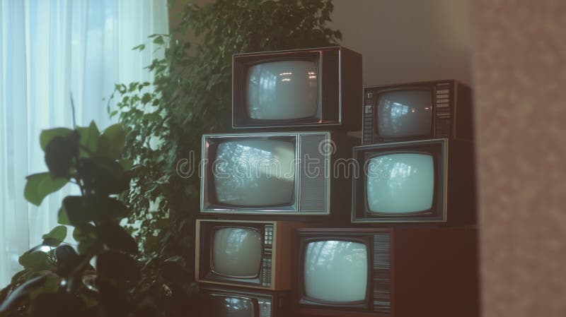 Various Vintage Television Models Stacked Against a Wall Stock Photo ...