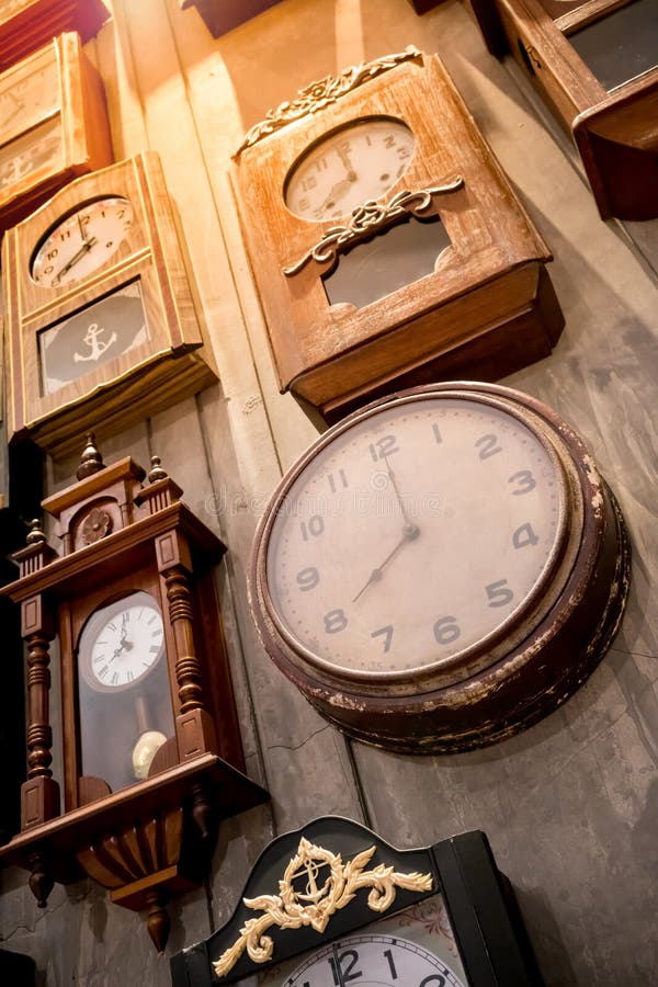 Various of Vintage Wall Clocks Stock Photo - Image of clocks, plank ...