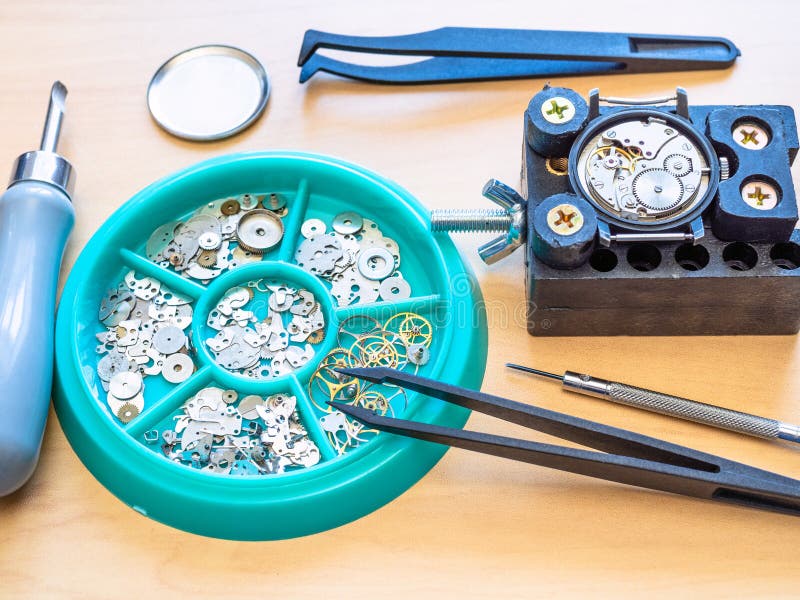Various Watch Repairing Tools and Spare Parts Stock Image - Image of ...
