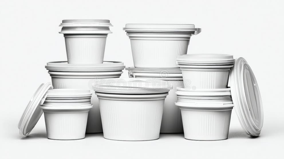 Various White Plastic Food Containers Stacked on a Light Background for ...