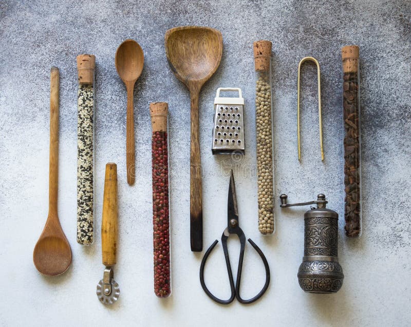 Various Kitchen Tools and Spices in Test Tubes Stock Photo - Image of ...