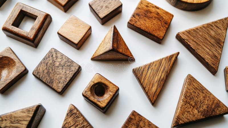 Various Wooden Geometric Shapes Arranged on a Light Surface in a ...