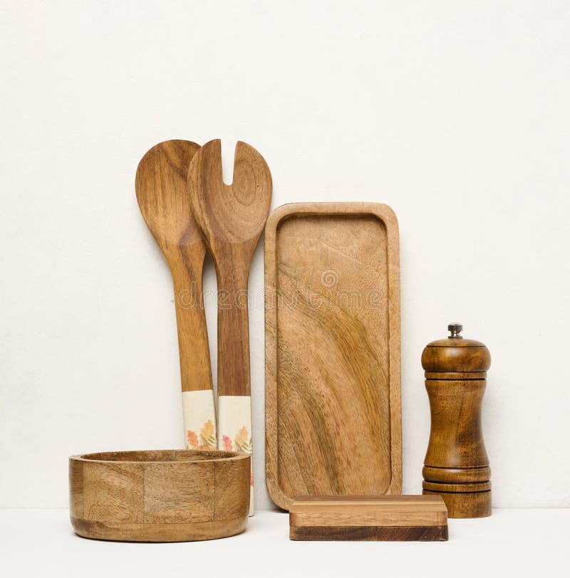 Various Wooden Kitchen Utensils on a White Background Stock Image ...