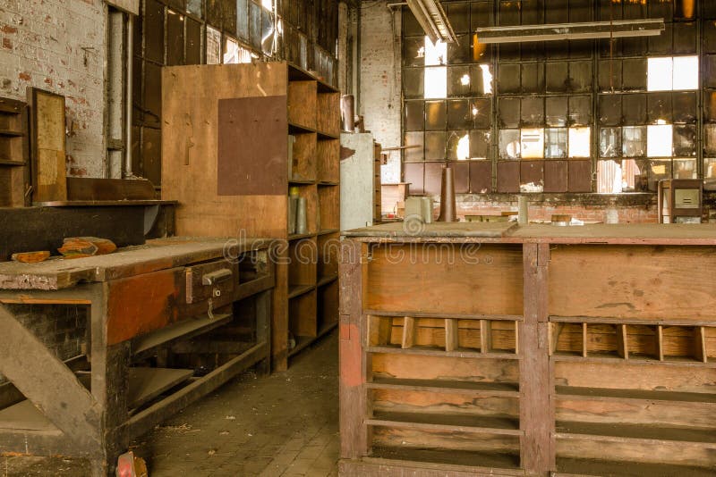 Various Wooden Storage Units in an Abandoned Factory Stock Image ...