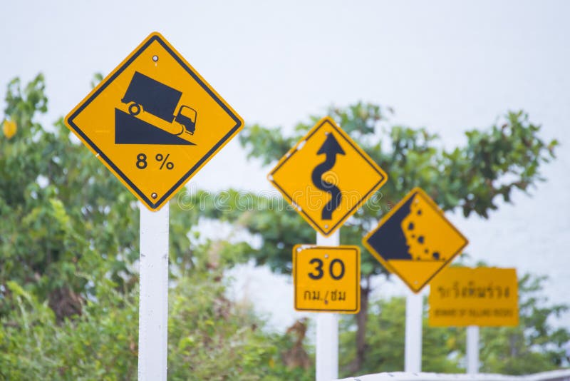 Various Yellow Traffic Sign on Road Stock Photo - Image of traffic ...