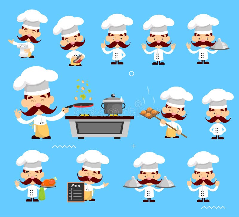 Variouscute Pose of Cook and Chef Flat Vector Illustration Design Stock ...