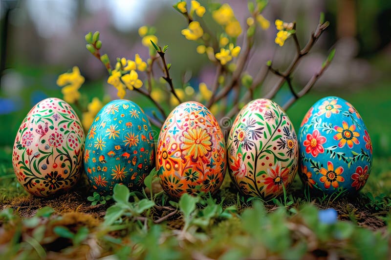 The Variously Decorated Easter Eggs Stand in the Grass Outside. Stock ...