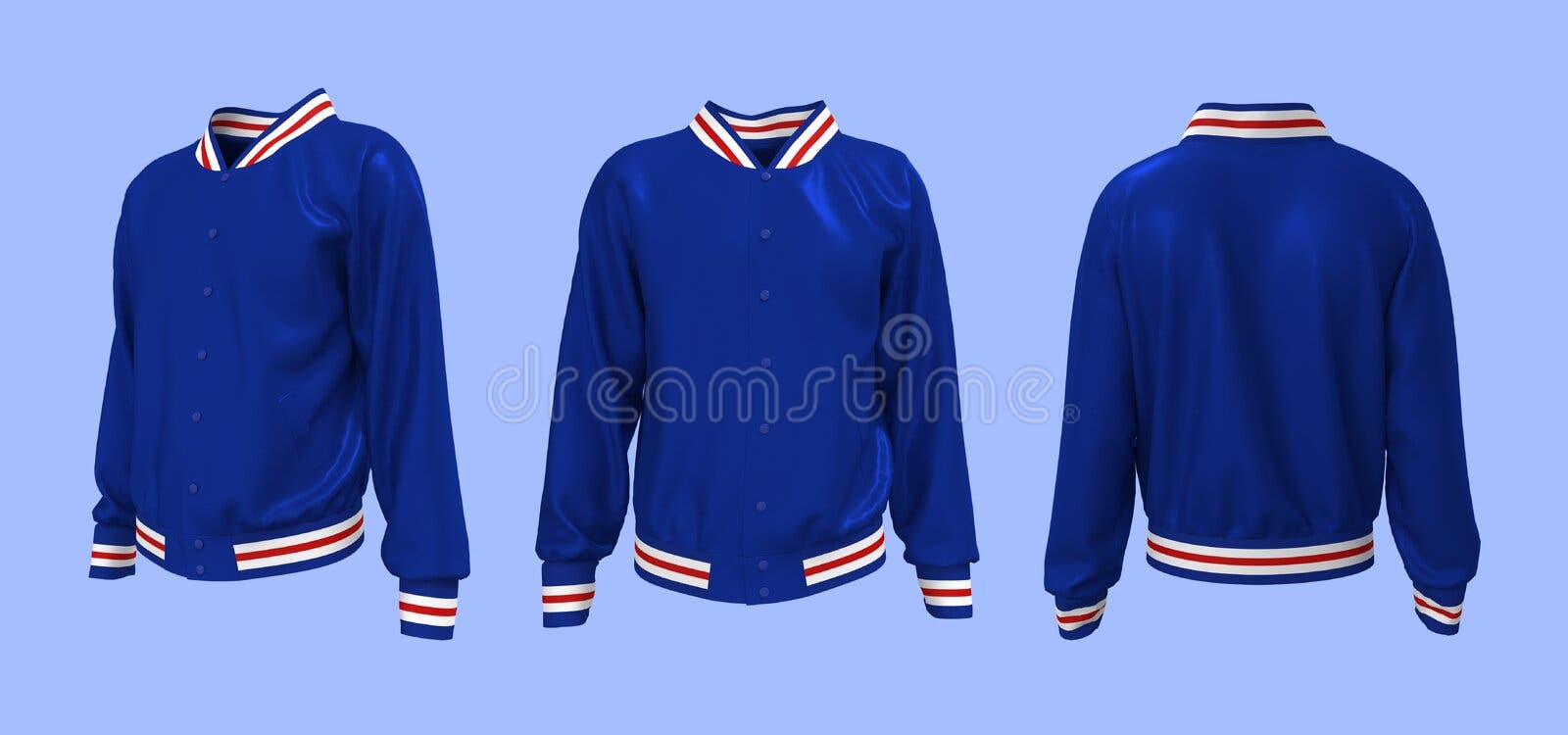 Varsity Jacket Mockup in Front, Side and Back Views Stock Illustration ...