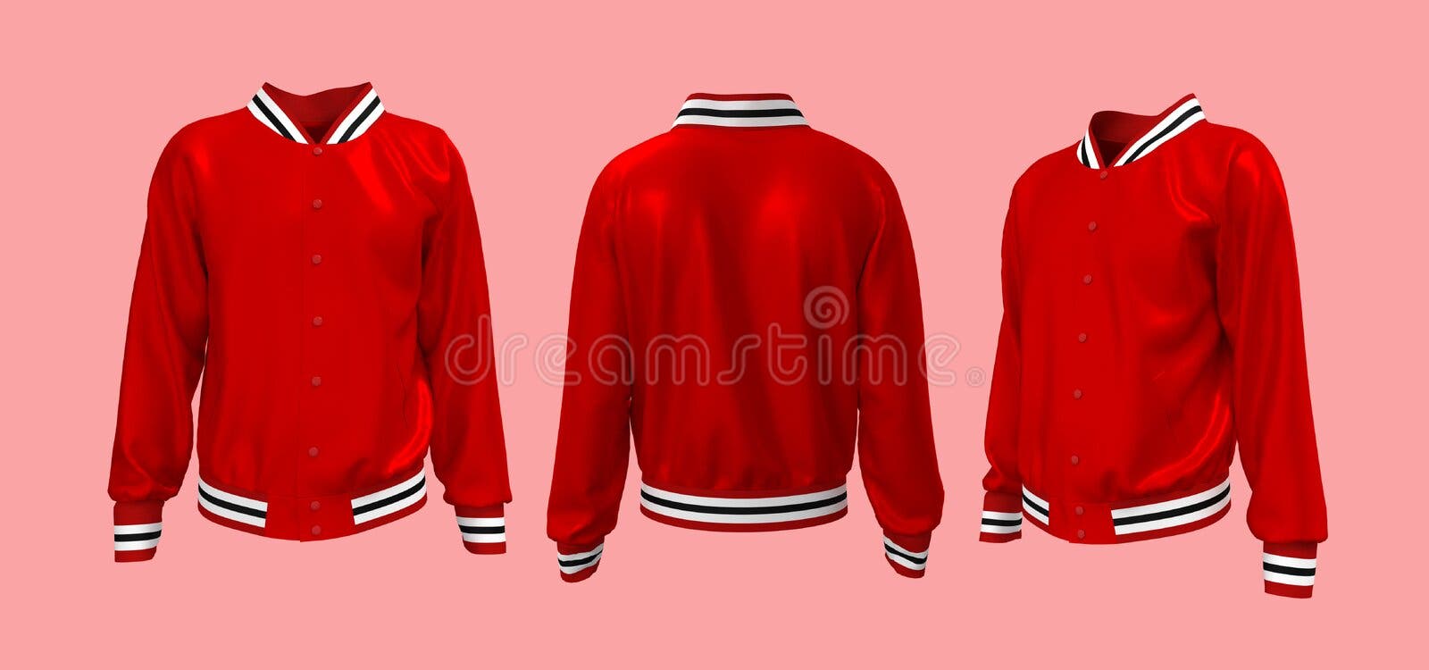 Varsity Jacket Mockup in Front, Side and Back Views. 3d Illustration ...
