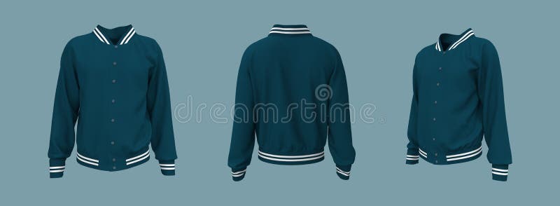 Varsity Jacket Mockup in Front, Side and Back Views. 3d Illustration ...