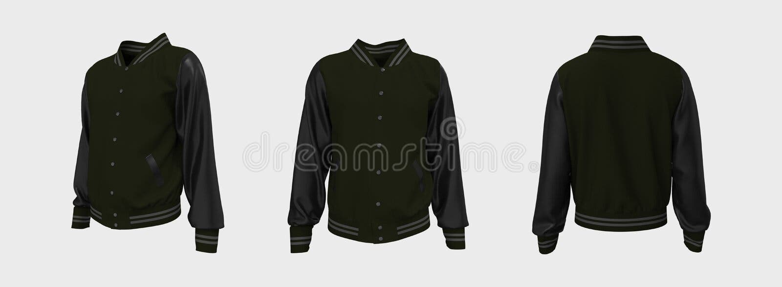 Varsity Jacket Mockup in Front, Side and Back Views Stock Illustration ...