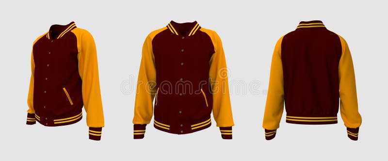 Varsity Jacket Mockup in Front, Side and Back Views. 3d Illustration ...