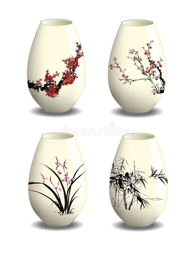 Vase with Chinese Ink Style Flower Bird Drawing Stock Vector ...
