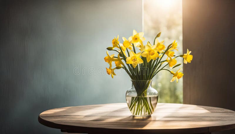 Vase with Daffodils on Table with Copy Space and Backlighting Stock ...
