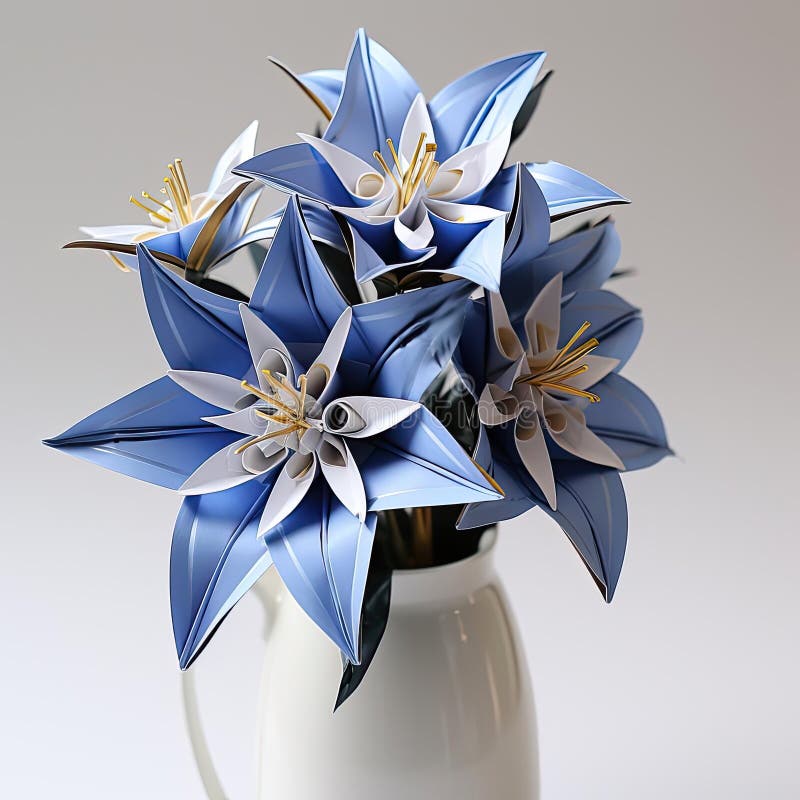 A Vase with Delicate Blue Flowers in Paper Sculpture Style Stock ...