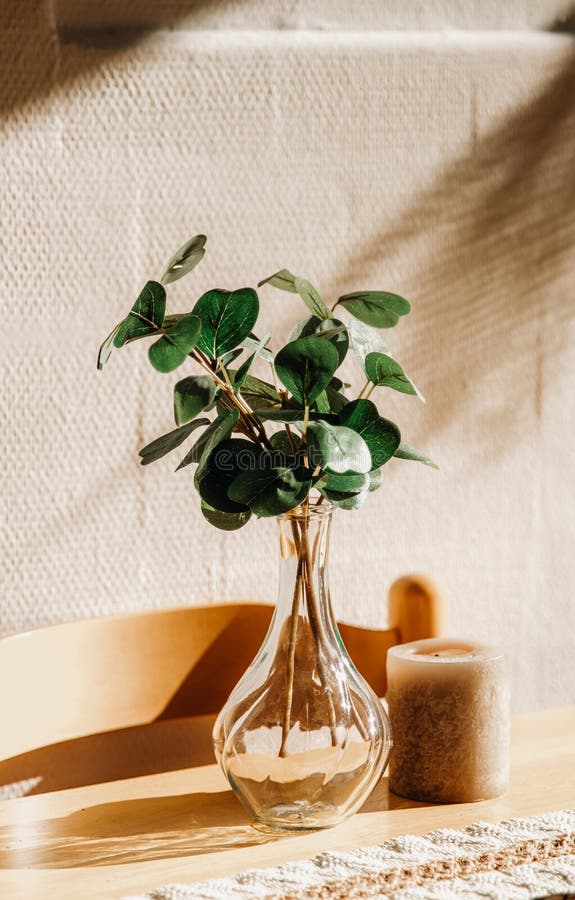 A Vase with Eucalyptus Branches and a Candle on the Table. Stock Image - Image of color ...