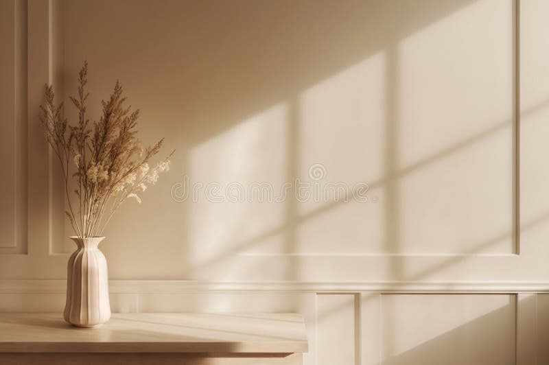 A Vase Filled with Boho Dry Floral on a Table. Empty Beige Wall for ...