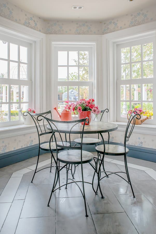 Flower In Vase On Table And Window Sill Background. Vintage Style ...
