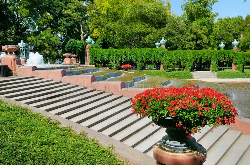 Vase Of Flowers And Decorative Waterfall Stock Photo - Image of ...