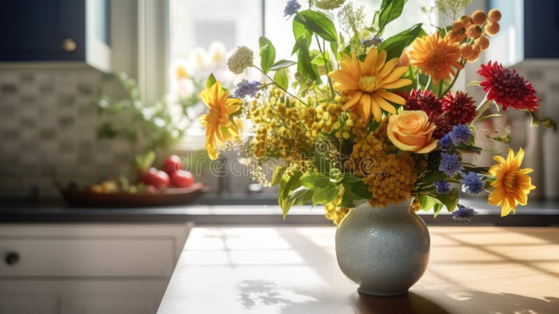 Vase of Flowers on Kitchen Countertop. Generative AI Stock Photo ...