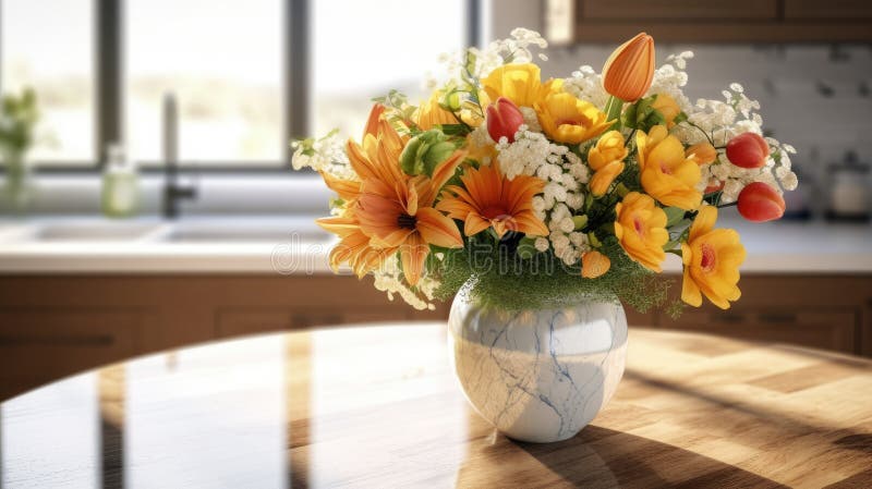 Vase of Flowers on Kitchen Countertop. Generative AI Stock Illustration ...