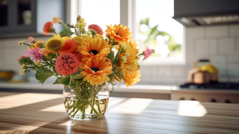 Vase of Flowers on Kitchen Countertop. Generative AI Stock Photo ...