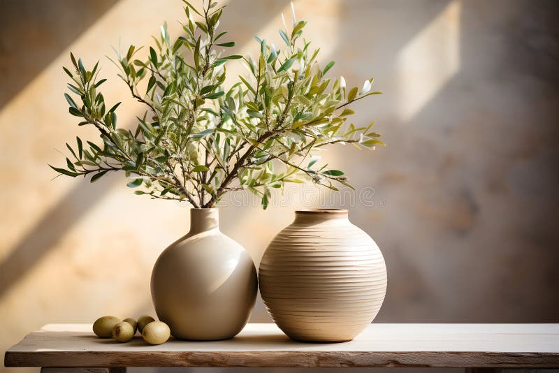 Vase with Olive Branch and Books on Wooden Table. 3d Render Stock Illustration - Illustration of ...