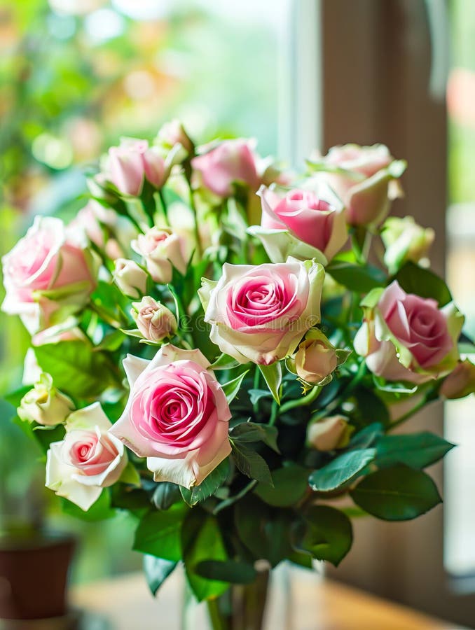 A Vase of Pink Roses on a Table Stock Image - Image of roses, generated ...