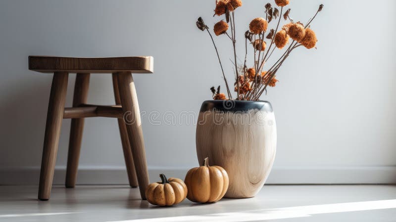 Vase with Pumpkins and a Stool in Front of a White Wall Stock Photo ...