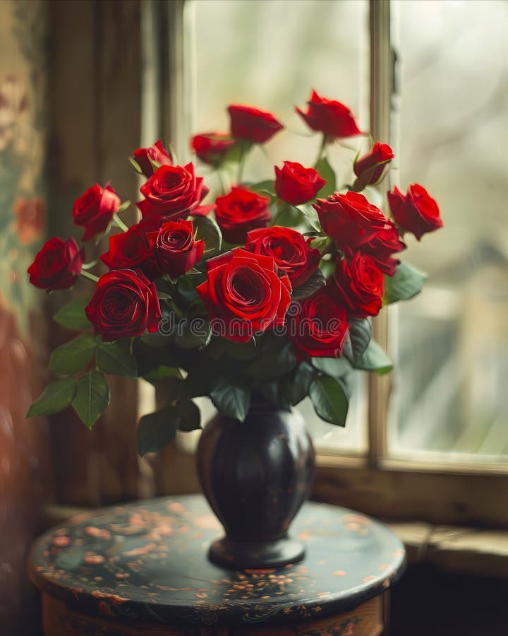 A Vase of Red Roses Sitting on a Table in Front of a Window Stock Image ...
