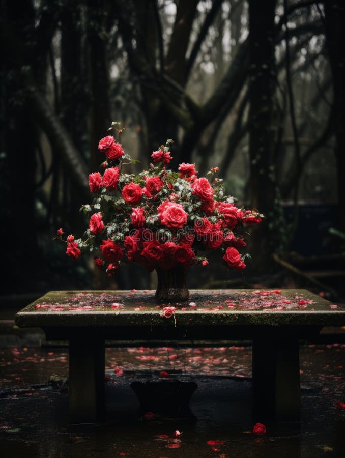 A Vase of Red Roses on a Table in a Forest Stock Illustration ...