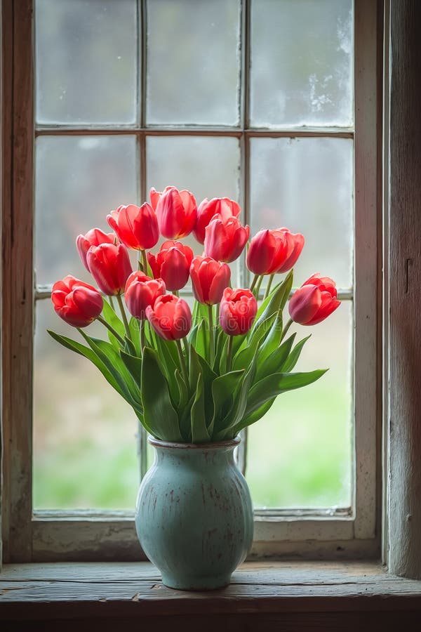 A Vase of Red Tulips Sitting on a Window Sill Stock Photo - Image of ...