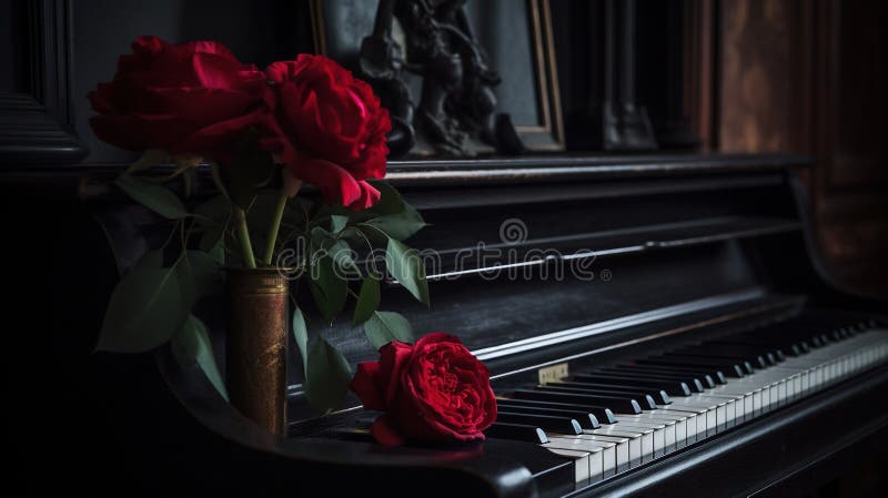 A Vase of Roses Sitting on a Piano with a Red Rose in it Stock ...