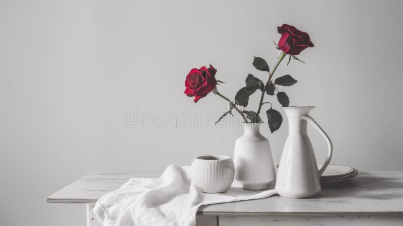 A Vase with Two Roses and a White Pitcher on Table, AI Stock ...