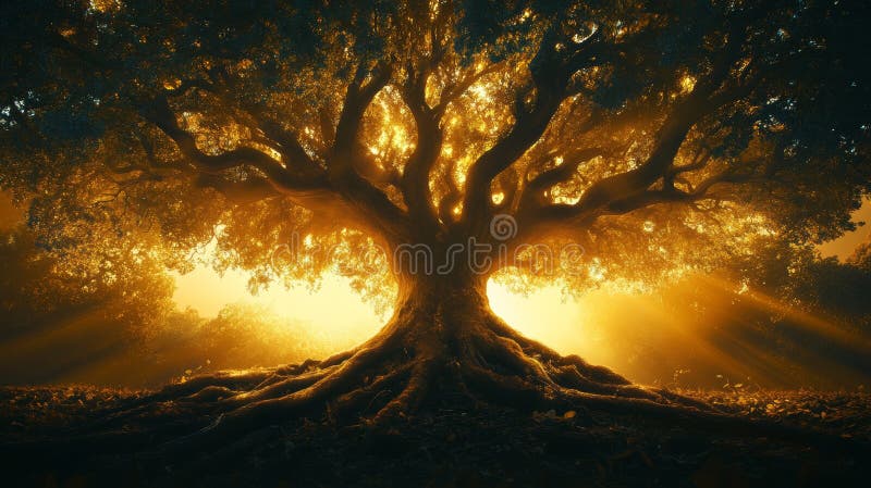 A Vast, Age-old Tree Thrives in an Enchanted Forest. Stock Photo ...