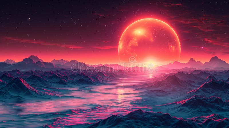 Red Giant Sunset Over Alien Mountains Stock Image - Image of fantasy ...