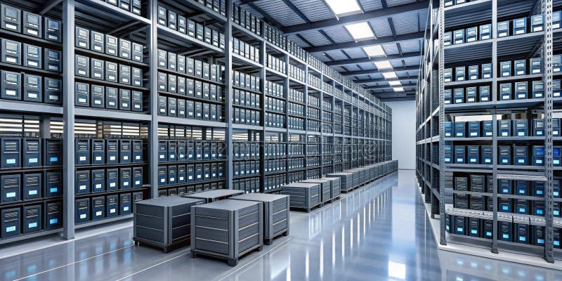 Vast Archive Storage Facility Rows of Organized Data Containers in a Modern Warehouse ...