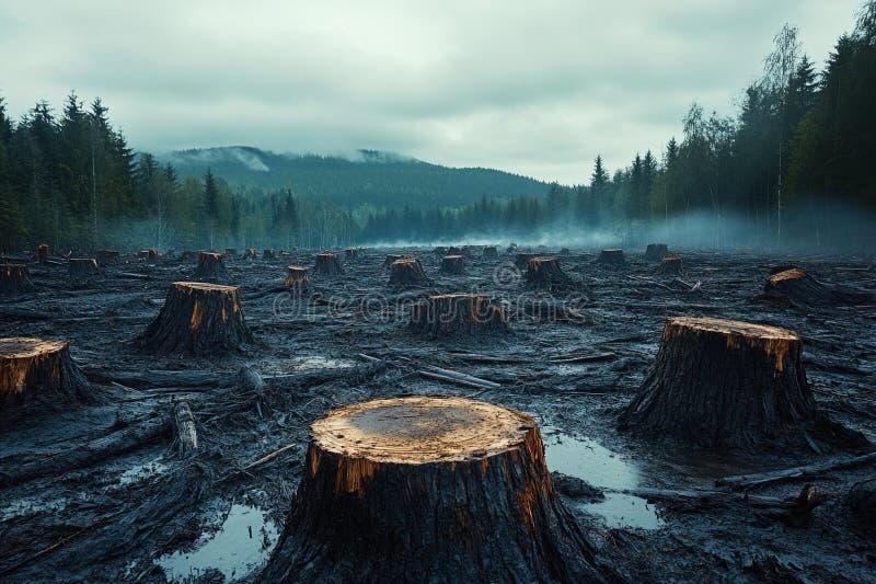 Deforestation Aftermath in a Landscape of Tree Stumps in a Clearing ...