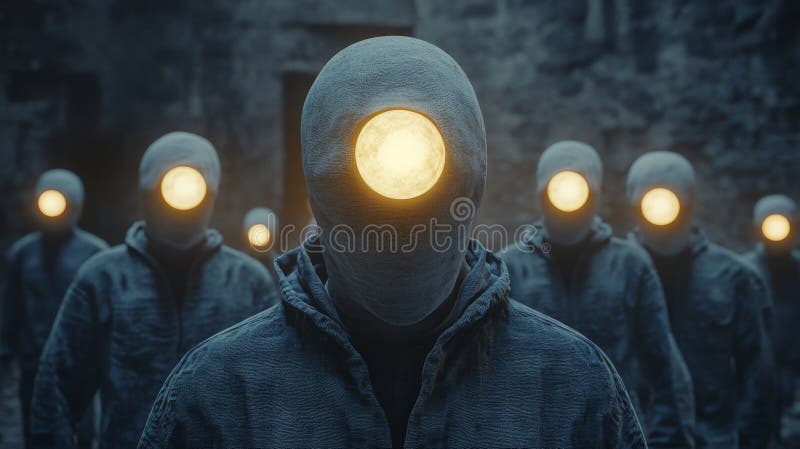 A Vast Array of Dark Blue Human Heads with Luminous Orange Lights in a ...